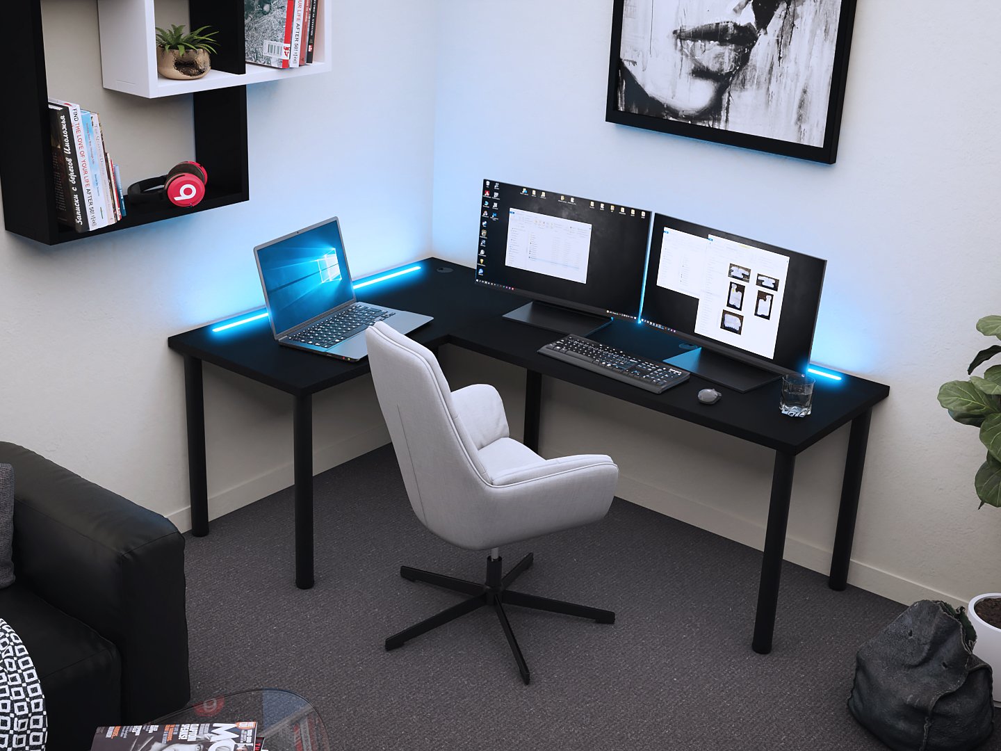 Rohový herný pc stôl Gamer N (čierna) (L) | NovyNabytok