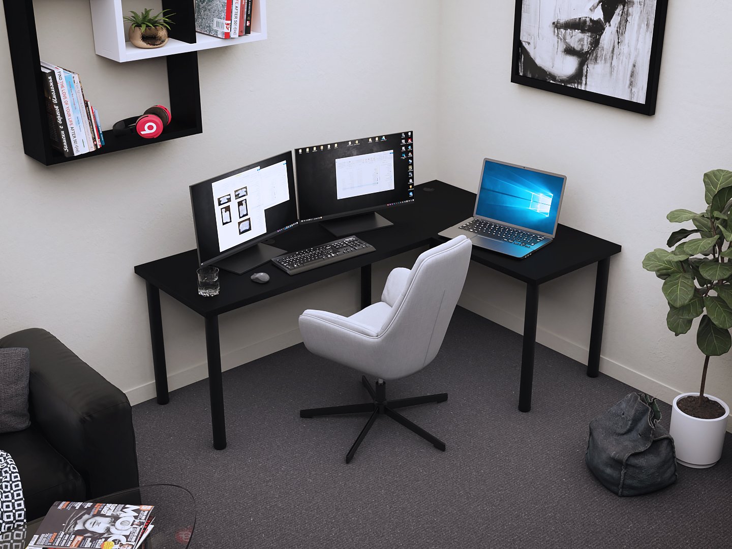 Rohový herný pc stôl Gamer N (čierna) (P) | NovyNabytok