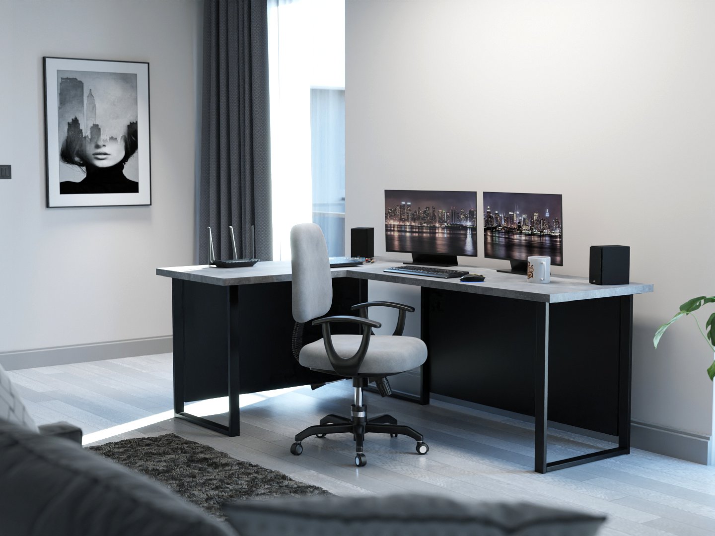 Rohový pc stôl Vintid (svetlý betón) | NovyNabytok