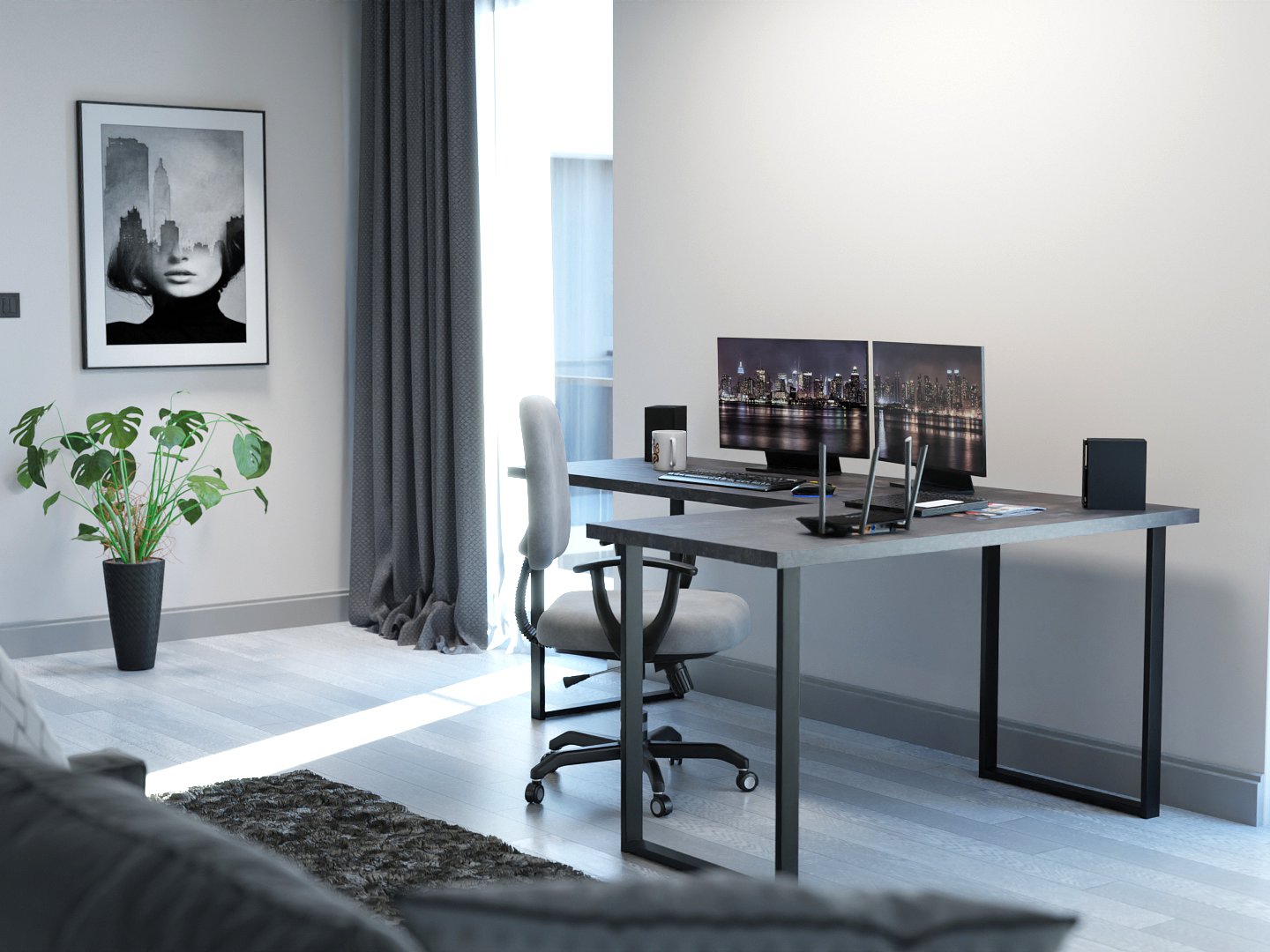 Rohový pc stôl Vintid (tmavý betón) | NovyNabytok