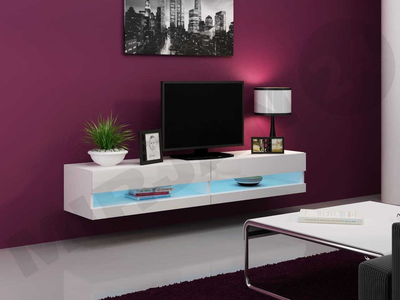 TV stolík Zigo New 180 (biela + biely lesk) (biele LED osvetlenie ...